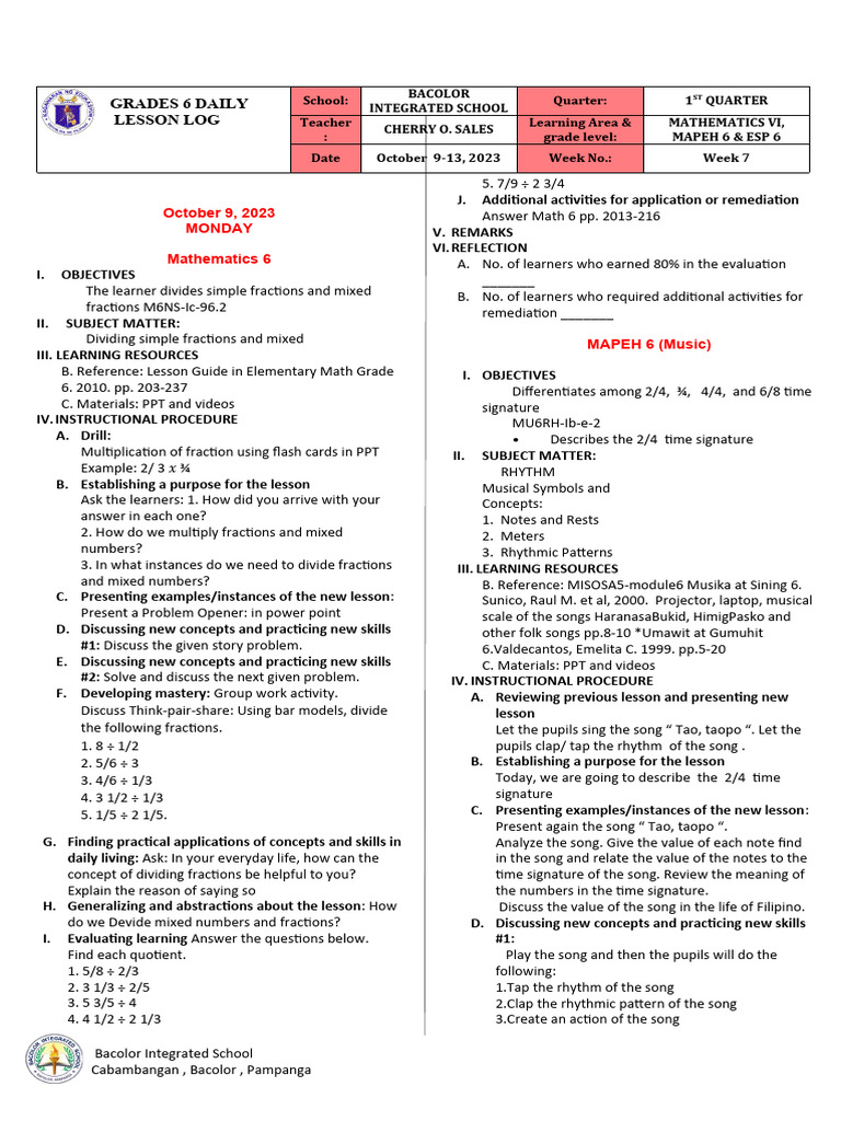 Grades 6 Daily Lesson Log: October 9, 2023 Monday Mathematics 6 | PDF ...