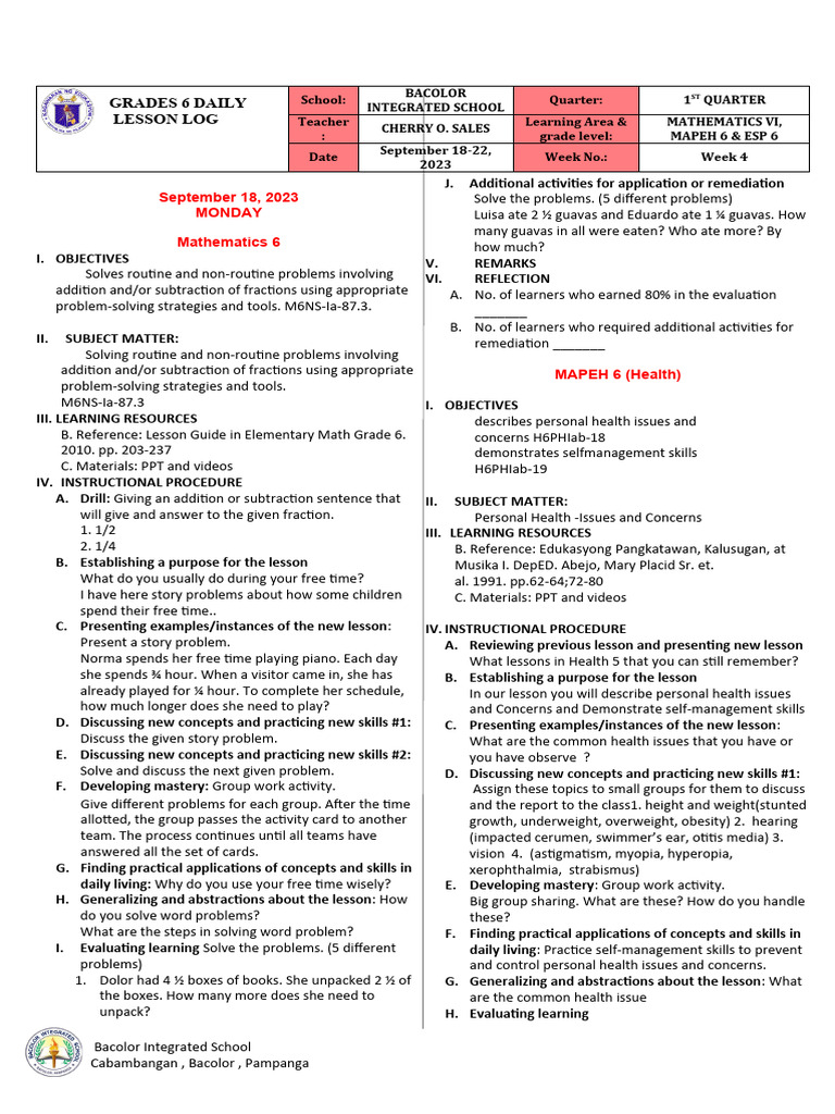 Grades 6 Daily Lesson Log: September 18, 2023 Monday Mathematics 6 | PDF