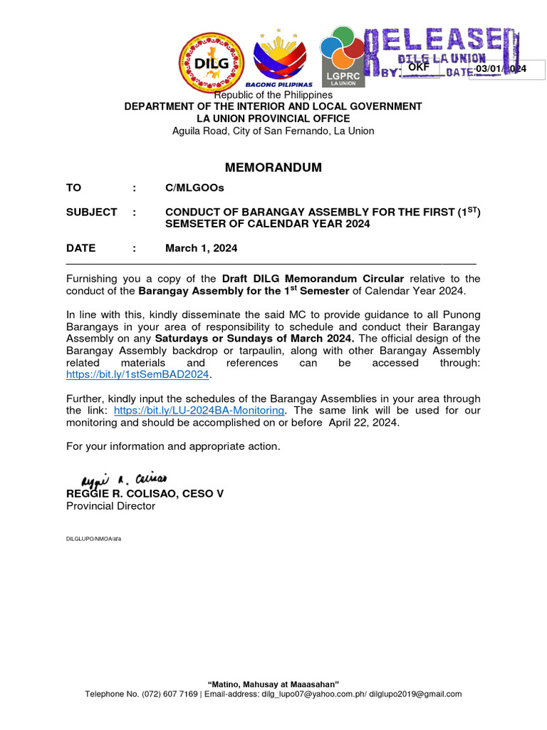 Memo Barangay Assembly | PDF