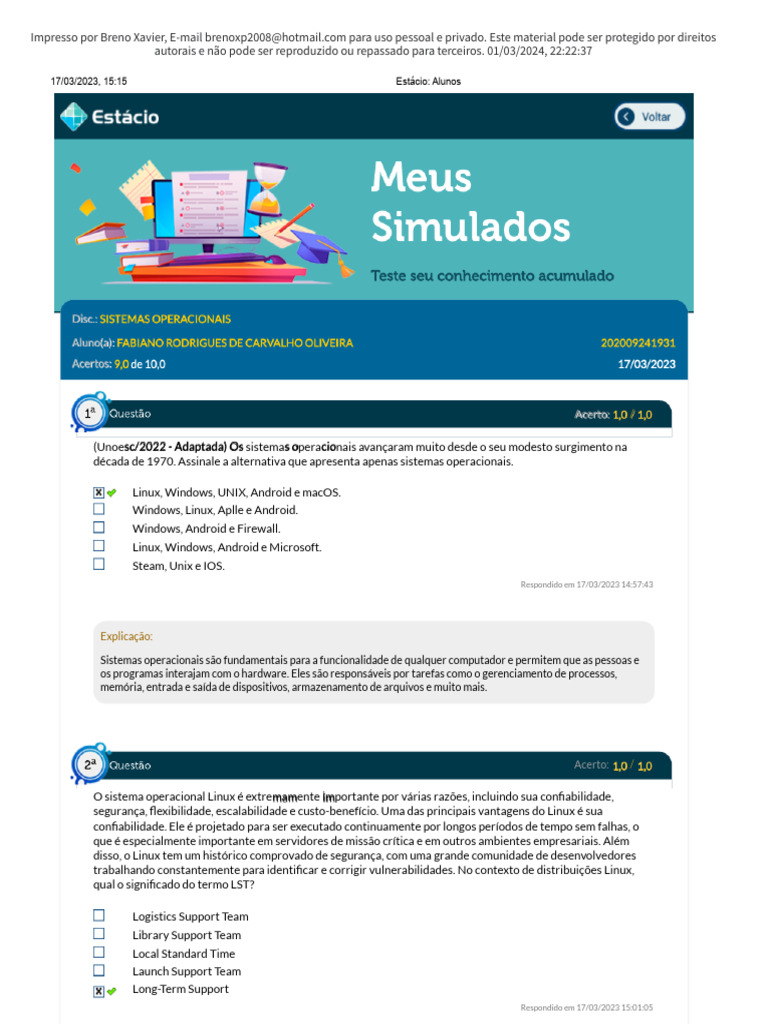 SISTEMA OPERACIONAIS 1 SIMULADO 2023 - Passei Direto | PDF