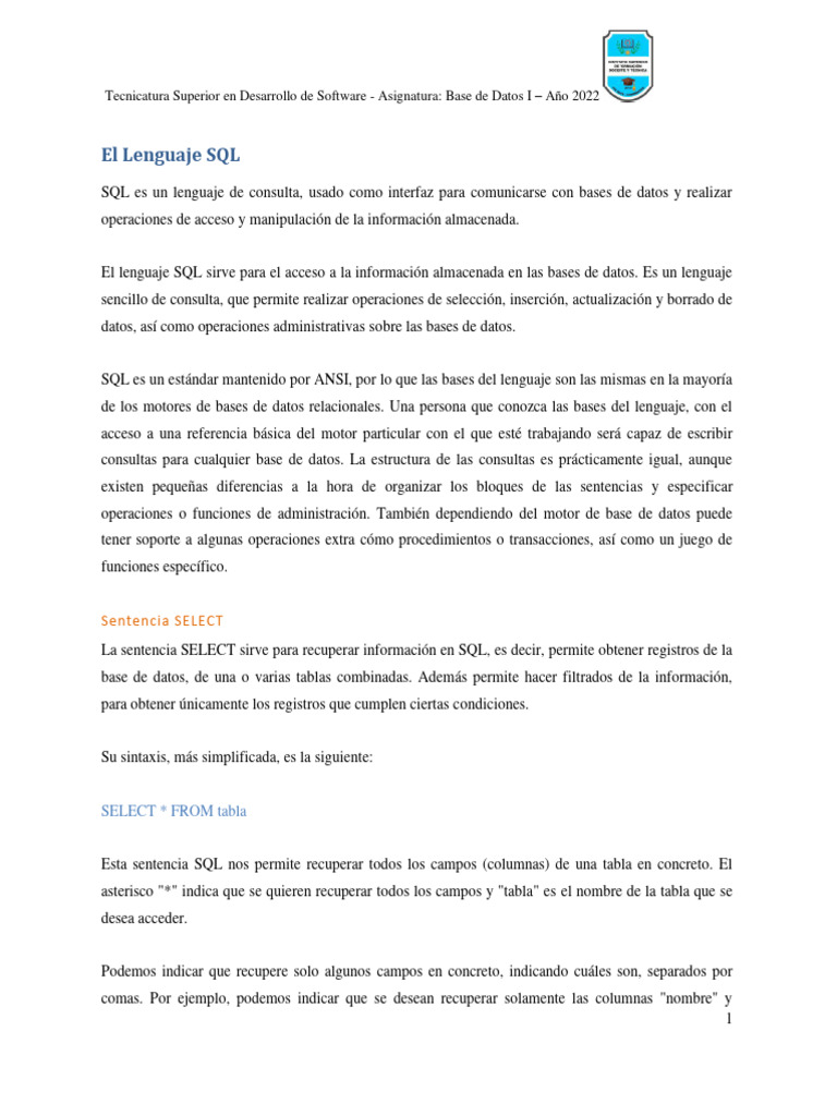 14.Base de Datos - El Lenguaje SQL | PDF | SQL | Bases de datos