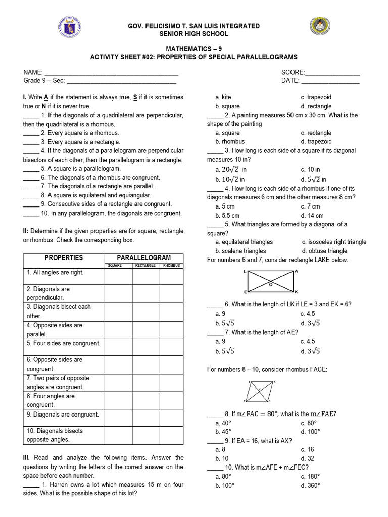 Special Parallelograms | PDF | Rectangle | Elementary Mathematics