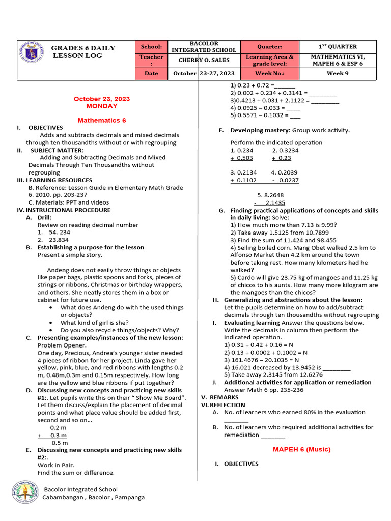 Grades 6 Daily Lesson Log: October 23, 2023 Monday Mathematics 6 | PDF ...
