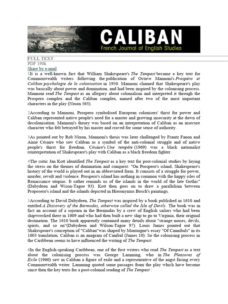 Brathwaite's Caliban: Colonial Echoes | PDF | The Tempest