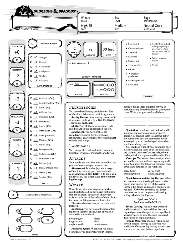 Character Sheet - Wizard Level 1 | PDF