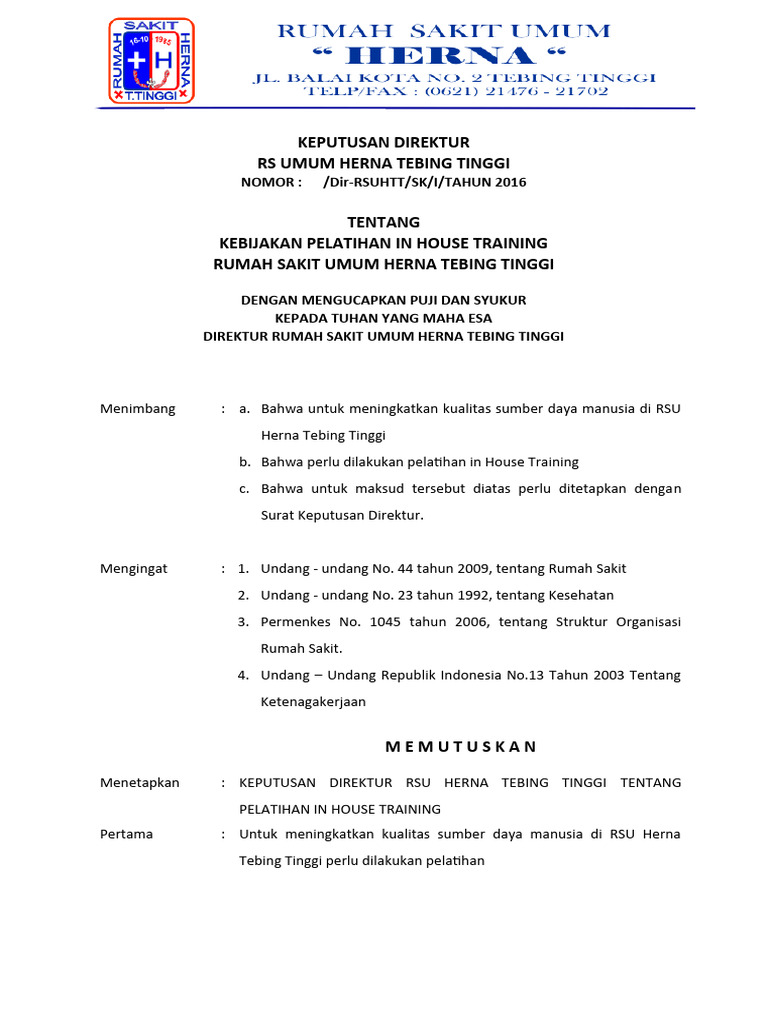 Kebijakan Pelatihan in House Training | PDF