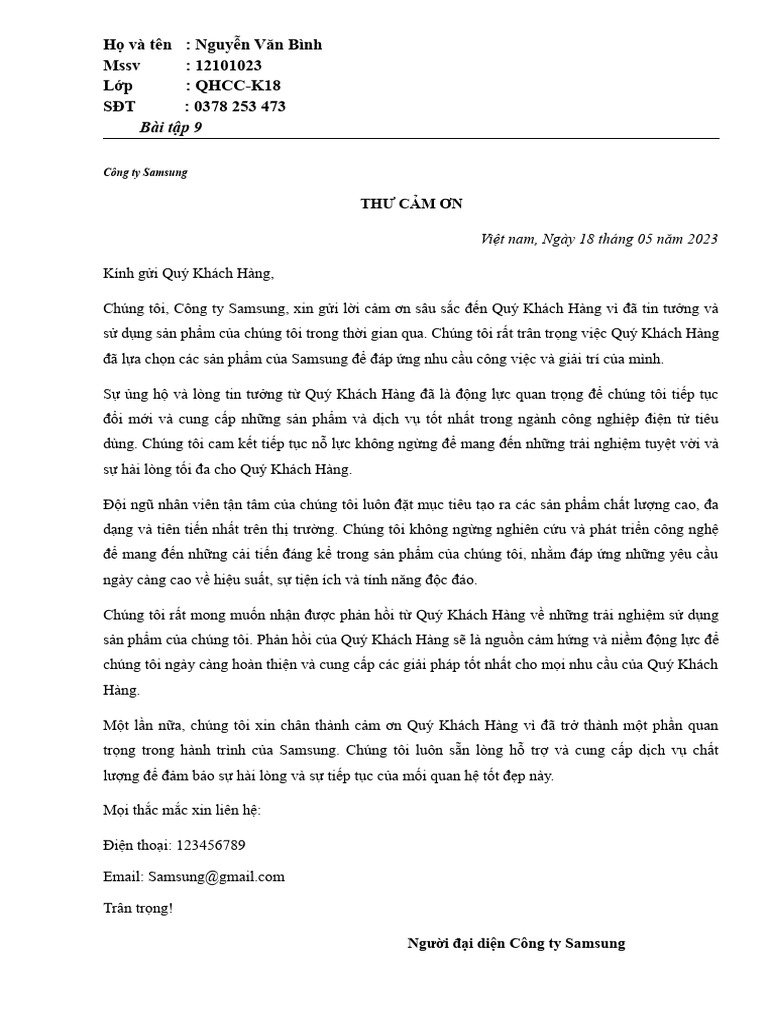 Bài tập 9: Họ và tên: Nguyễn Văn Bình Mssv: 12101023 Lớp: QHCC-K18 SĐT: 0378 253 473 | PDF