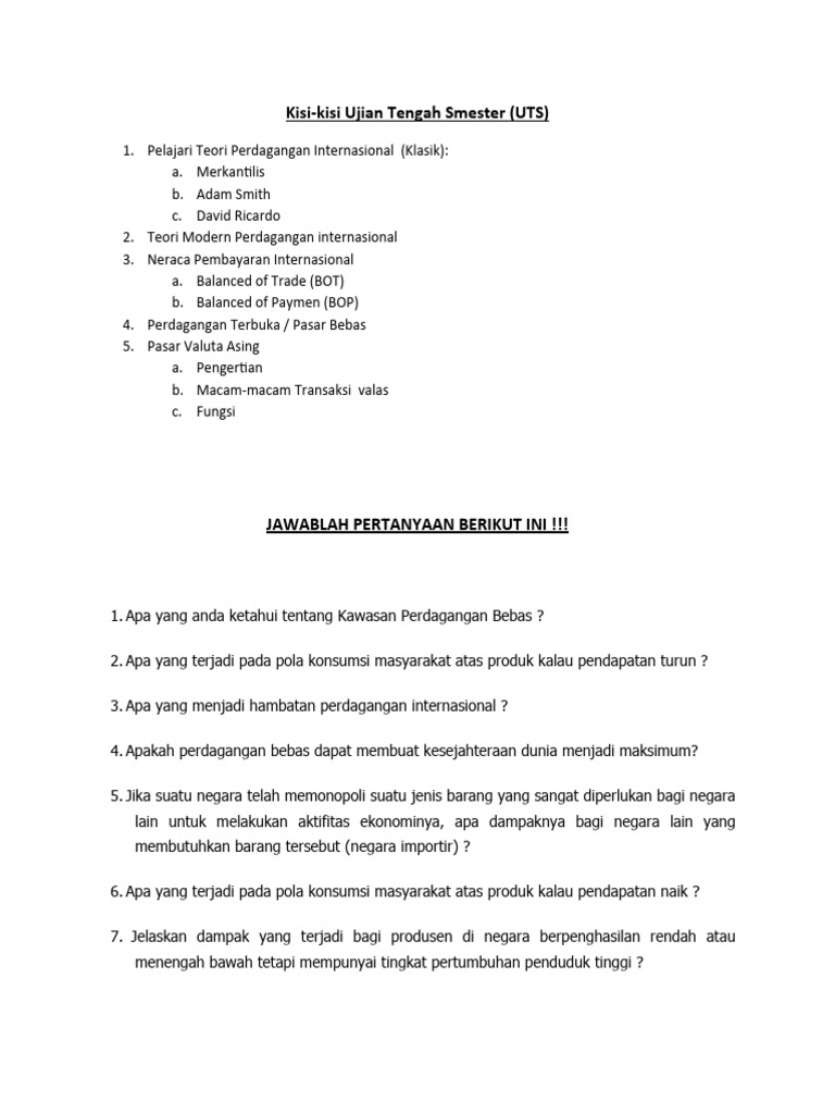 Kisi-Kisi UTS Ekonomi Internasional | PDF | Bisnis | Pengelolaan ...