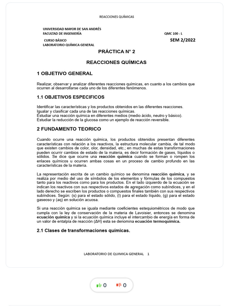 Guia Lab Practica 2 Reaciones Quimicas QMC 100l 2022 2 - Compress | PDF | Redox | Reacciones ...