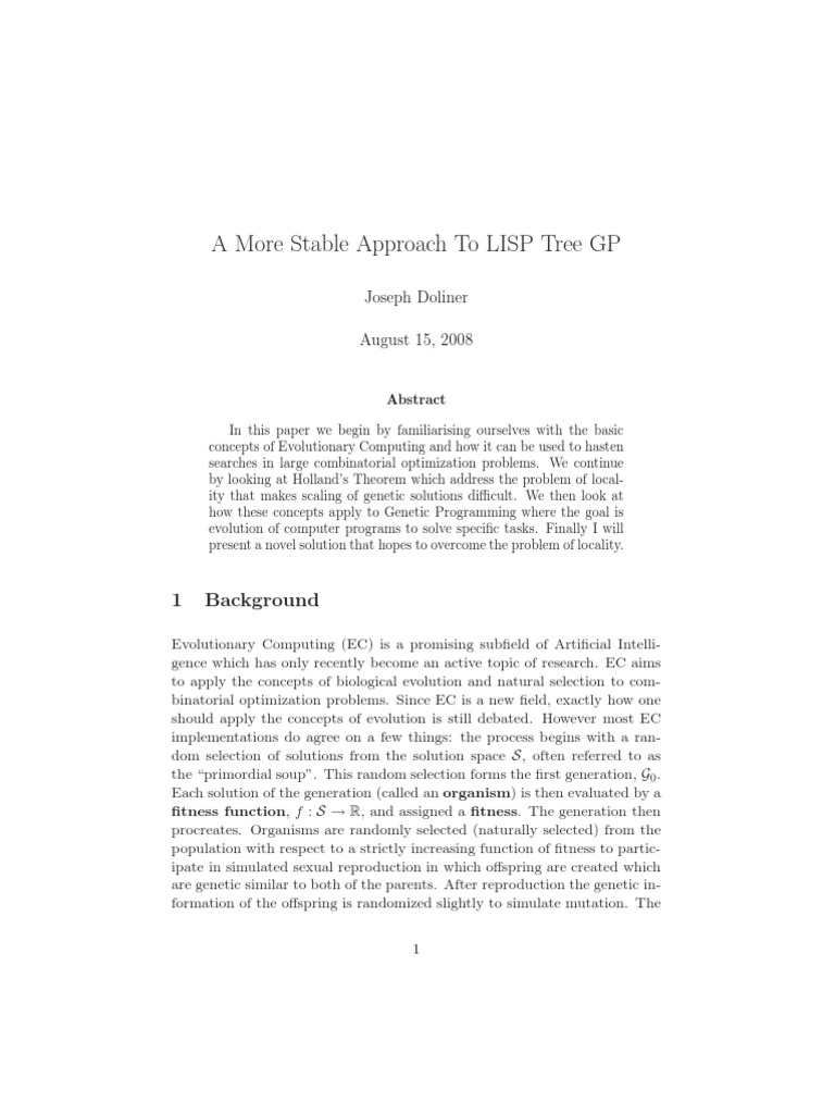 A More Stable Approach To LISP Tree GP: 1 Background | PDF | Evolution ...