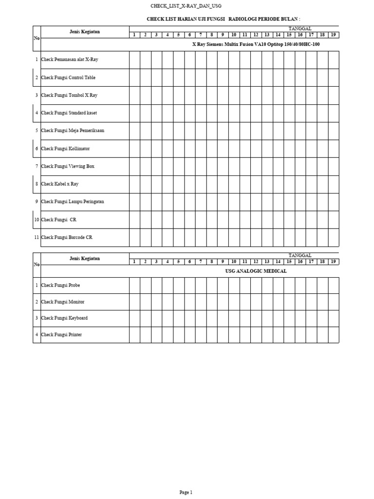 Check List Perawatan X Ray | PDF