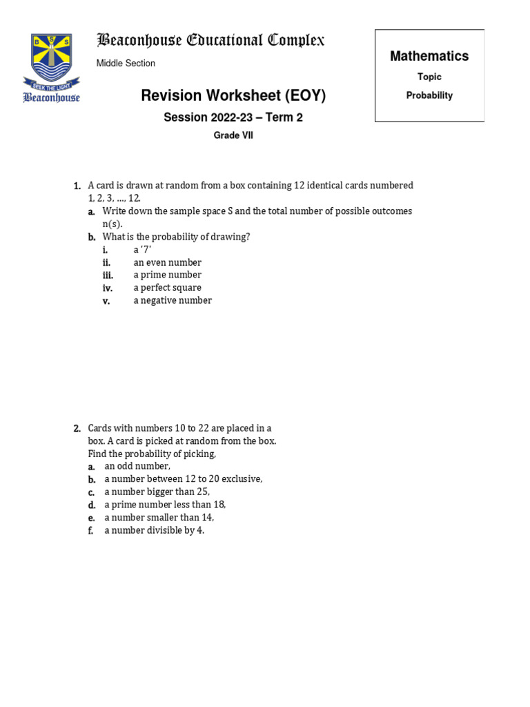 EOY Worksheet 5 Grade 7 Probability | PDF | Probability | Numbers