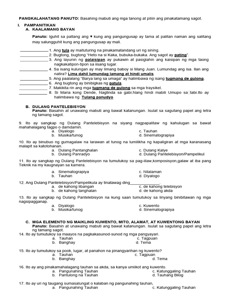 Ikatlong Markahan Sa Filipino 7 2023 2024 | PDF