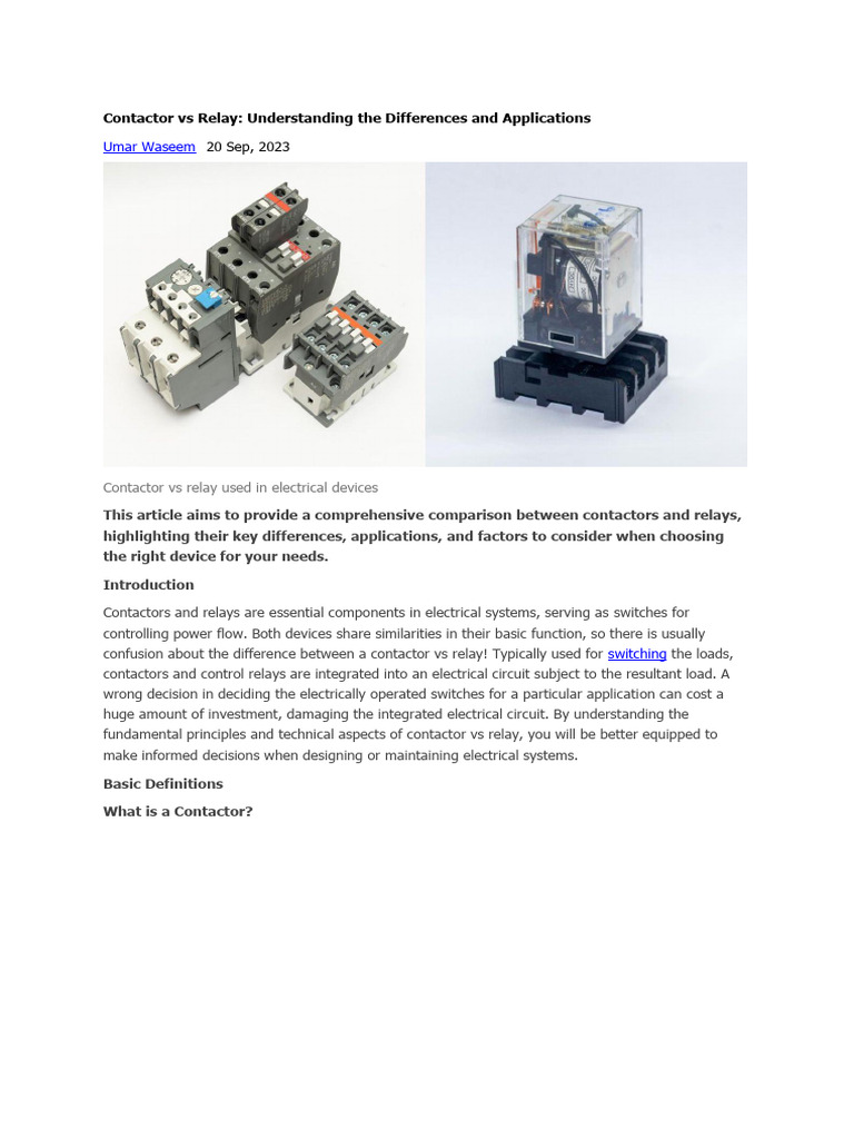 Relay Vs Contactor | PDF | Relay | Switch