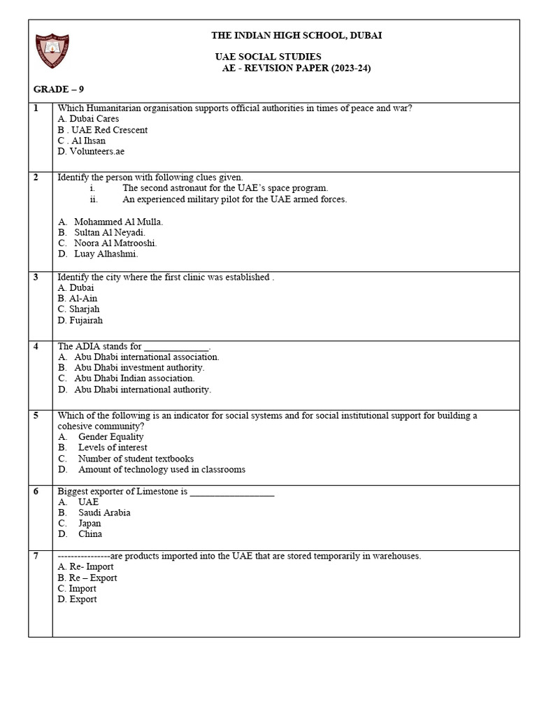 UAE Social Studies Revision Paper 2023-24 | PDF | United Arab Emirates ...