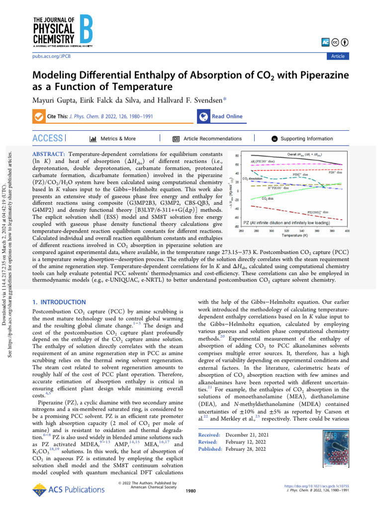 Gupta Et Al 2022 Modeling Differential Enthalpy of Absorption of Co2 With Piperazine As A ...