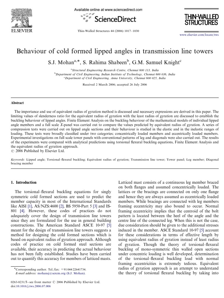 Behaviour of Cold Formed Lipped Angles in Transmission Line Towers 2006 ...