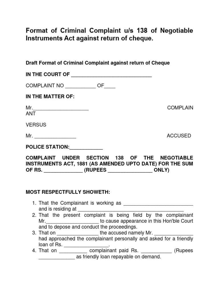 Format of Criminal Complaint Us 138 of Negotiable Instruments Act ...