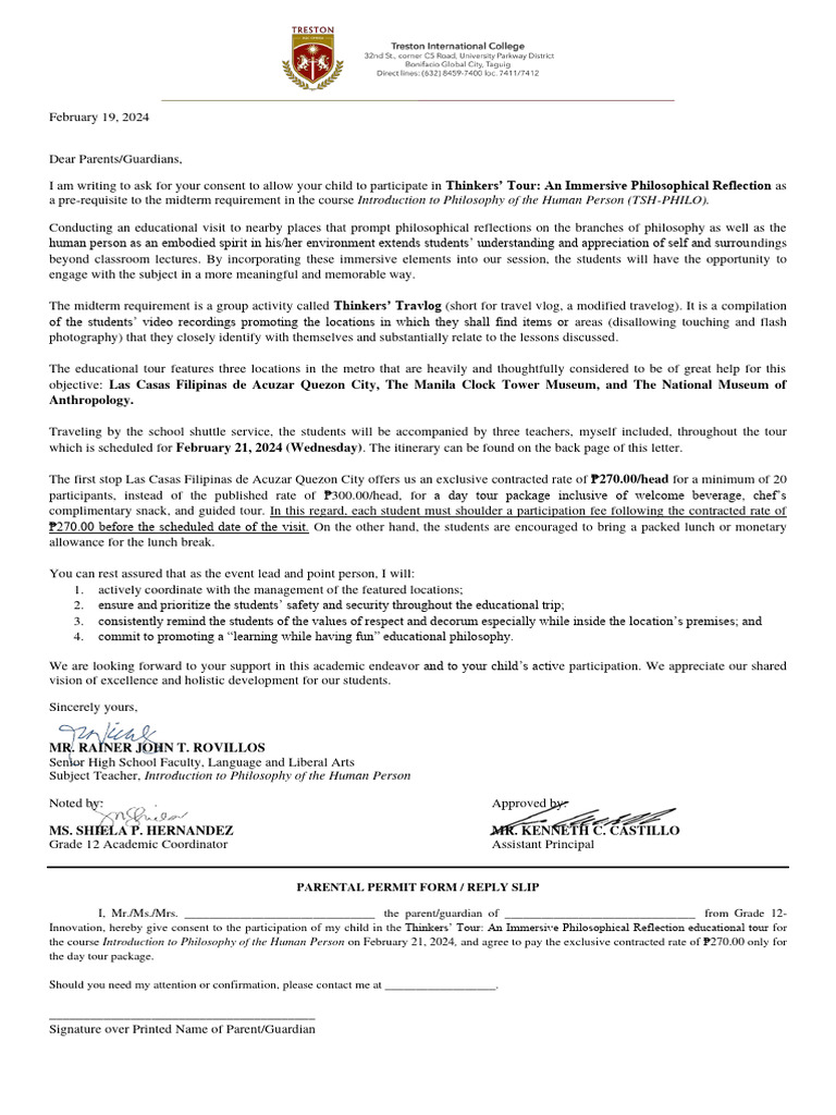 Thinkers' Tour - Letter To Parents With Reply Slip | PDF