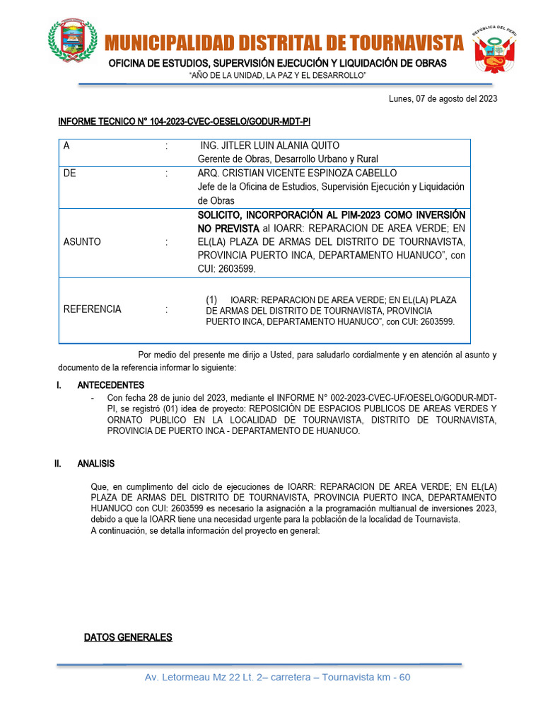Informe Tecnico #104-2023-Cvec-Oeselo-Godur-Mdt-Pi | PDF | Presupuesto