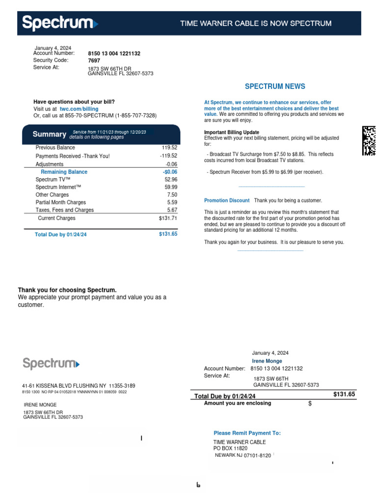 Spectrum Bill | PDF | Fee | Debit Card
