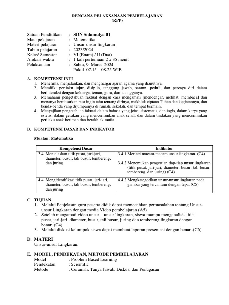 RPP Matematika Kelas 6 Sem 2 TP. 2023-2024 | PDF