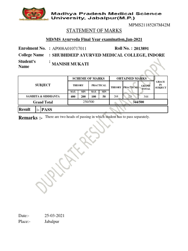 MPMSU MD AYURVEDA Marksheet | PDF
