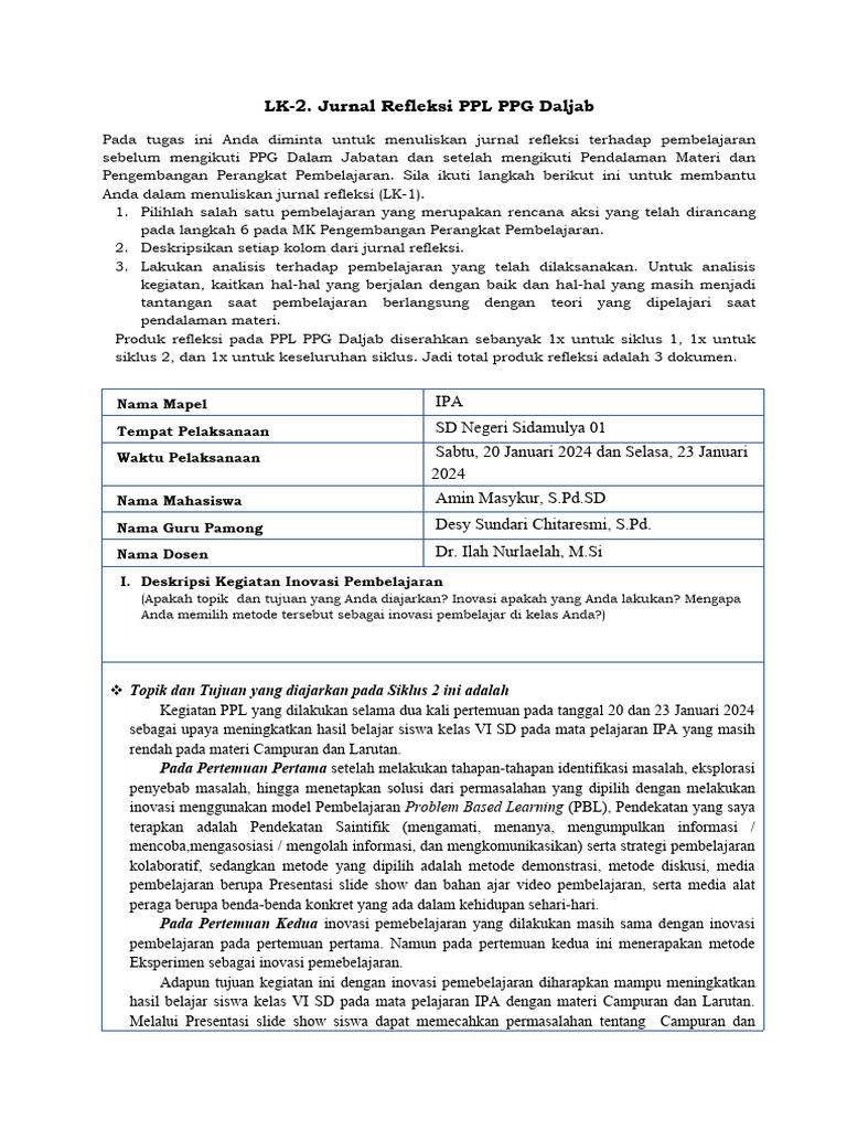 LK-2. Jurnal Refleksi PPL PPG Daljab Siklus 2 | PDF | Karier & Perkembangan | Seni