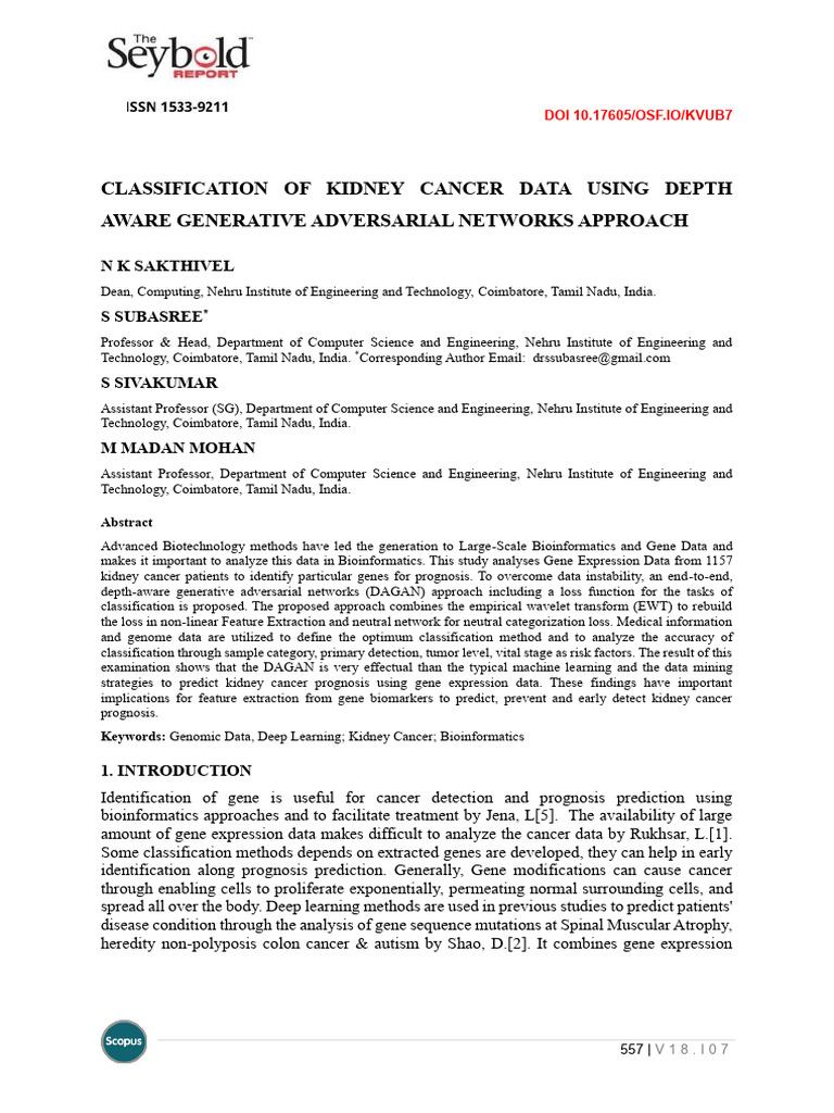 Classification of Kidney Cancer Data Using Depth Aware Generative ... Classification of Kidney Cancer Data Using Depth Aware Generative ...