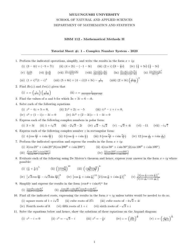 MSM 112 - Tutorial Sheet 1a - Complex Analysis | PDF