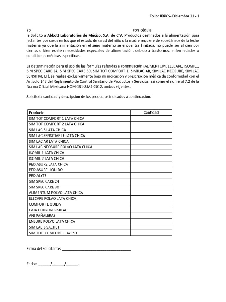Solicitud de Fórmulas Infantiles Abbott | PDF | México | Prescripción ...