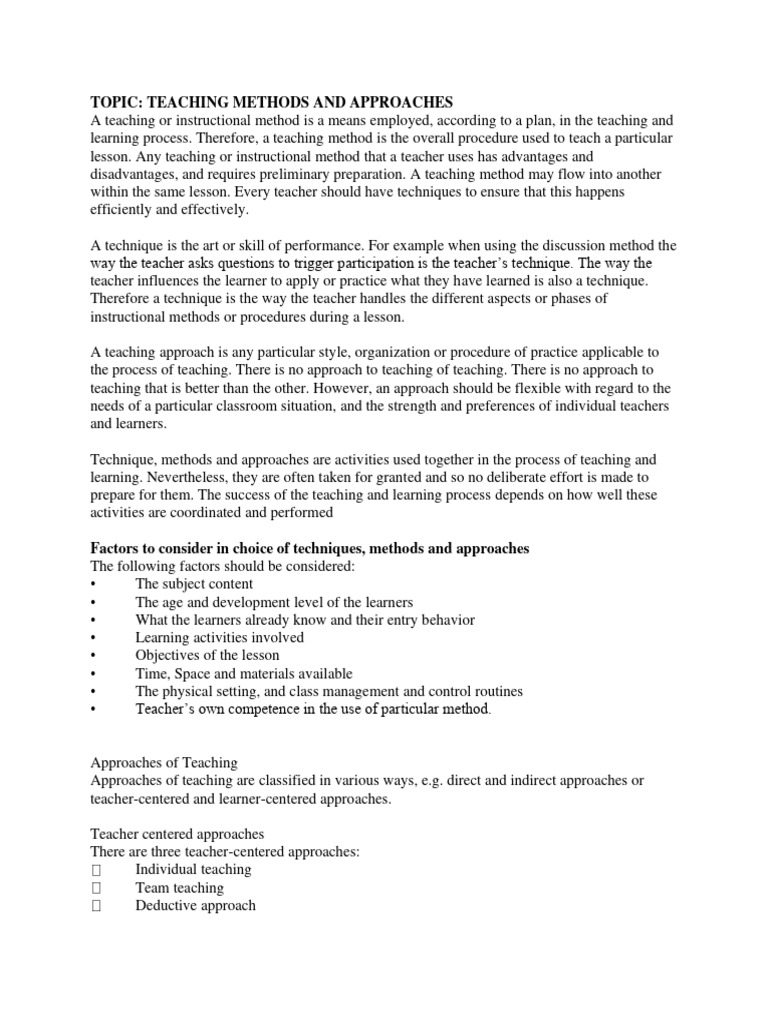 Teaching Methods and Approaches Overview | PDF | Learning | Teachers