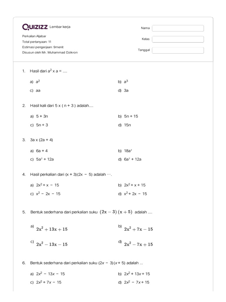 Quizizz - Perkalian Aljabar | PDF