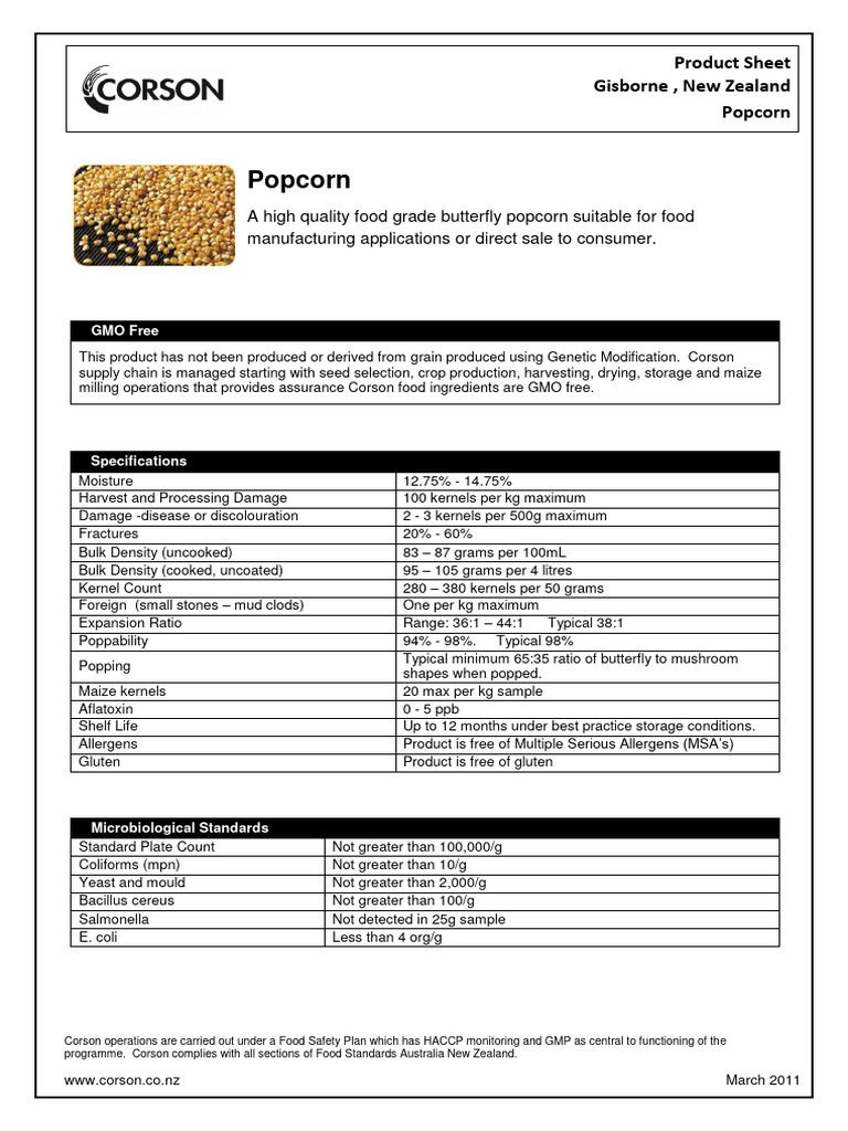 GMO-Free Popcorn Specifications | PDF | Popcorn | Genetically Modified Food