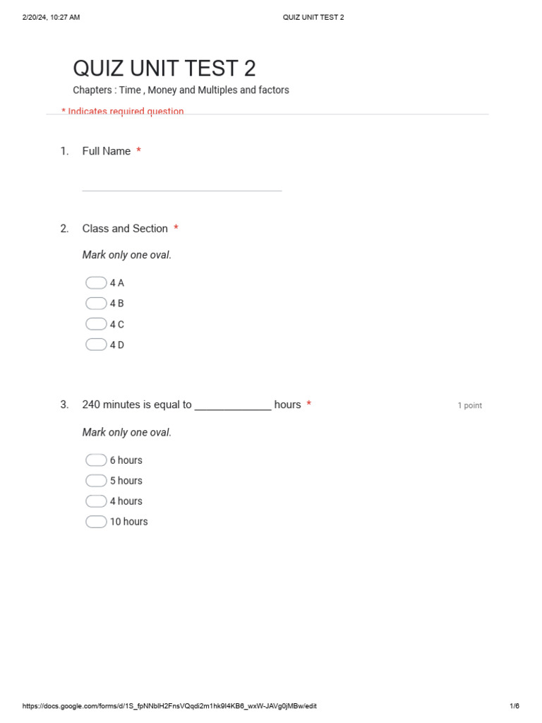 Quiz Unit Test on Time, Money, Factors | PDF | Hour | Numbers
