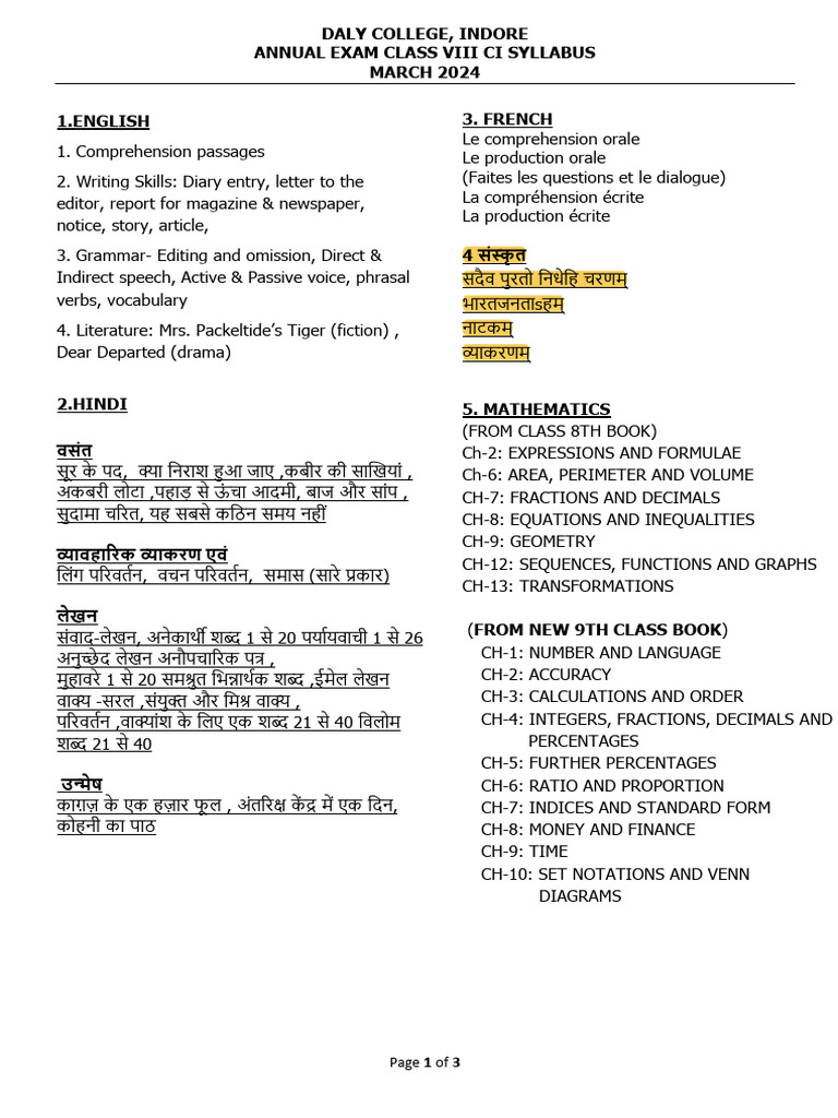 Daly College, Indore Annual Exam Class Viii Ci Syllabus MARCH 2024 1.english 3. French | PDF