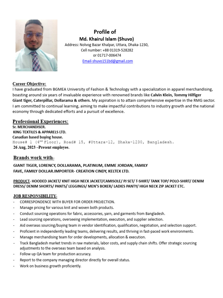 Resume of Md. Khairul Islam Shuvo. | PDF | Textiles | Clothing
