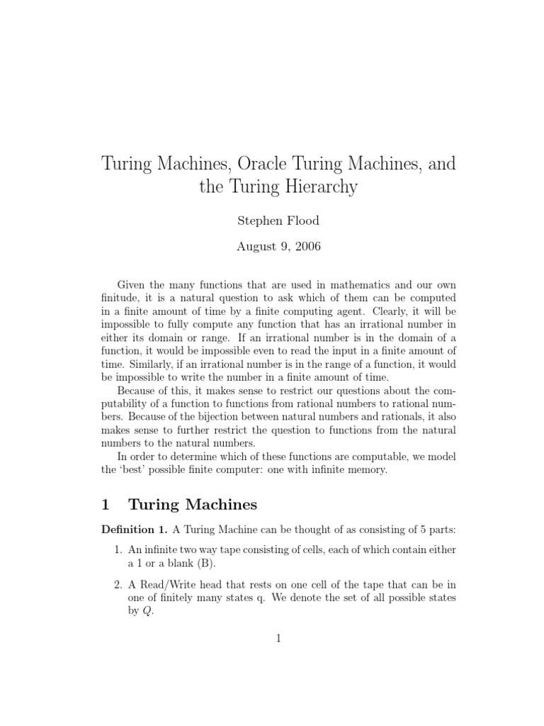 Turing Machines, Oracle Turing Machines, and The Turing Hierarchy | PDF | Computability Theory ...