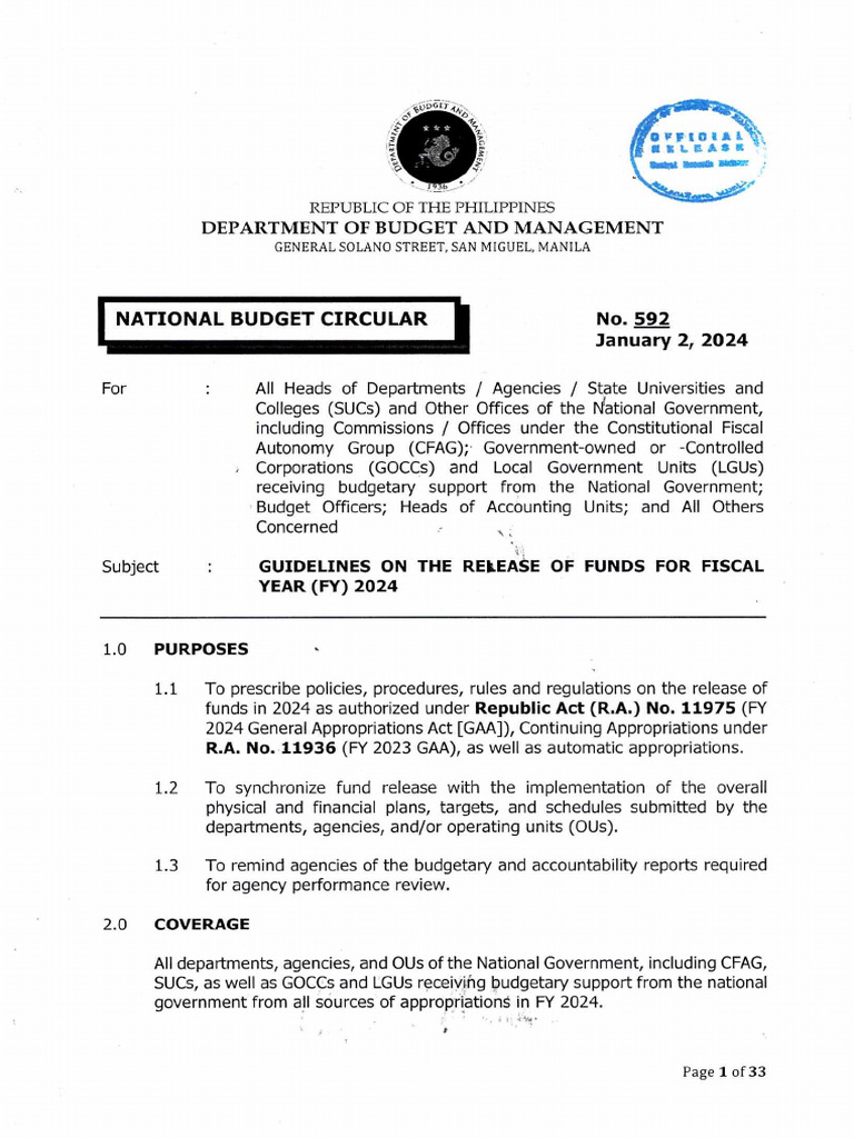 National Budget Circular No. 592 Dated January 2, 2024 | PDF