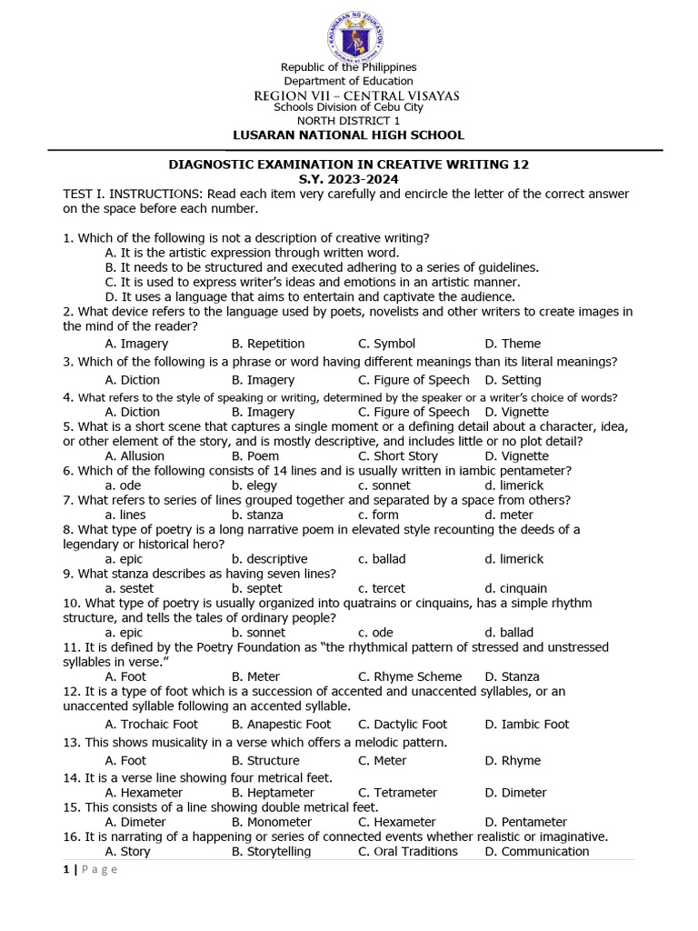 Creative Writing-Diagnostic Test | PDF | Poetry | Metre (Poetry)