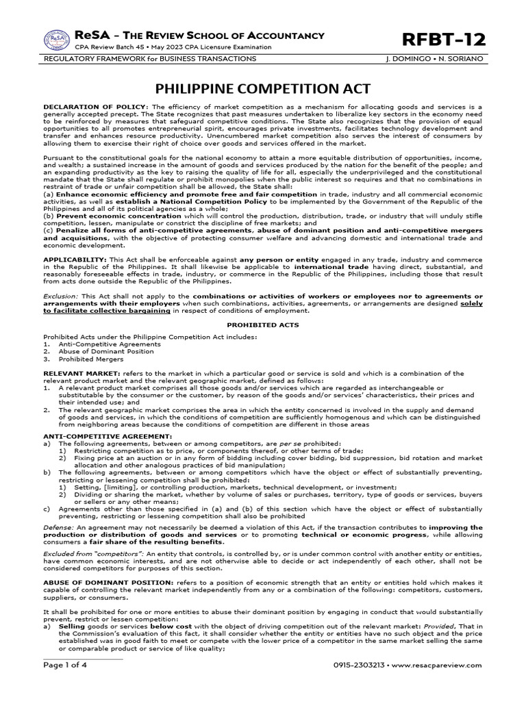 RFBT-12 (Philippine Competition Act) | PDF