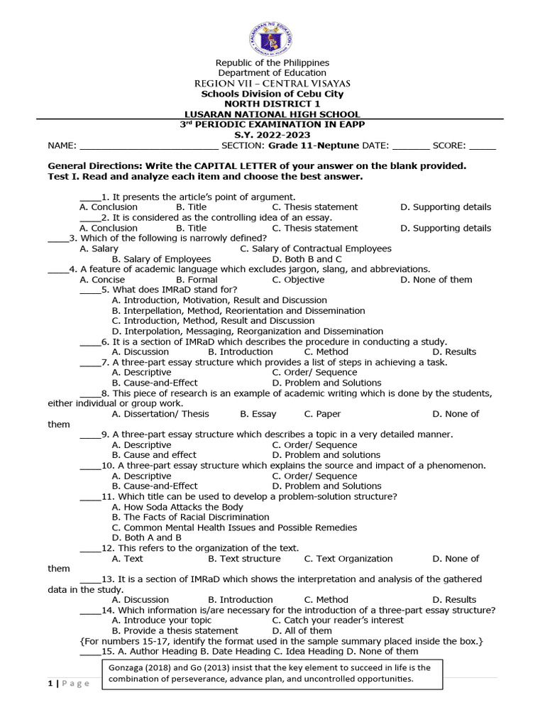 EAPP Fourth | PDF | Essays | Thesis