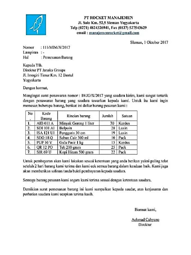 Contoh Surat Pesanan Barang (Push-Order) - Doc1 | PDF