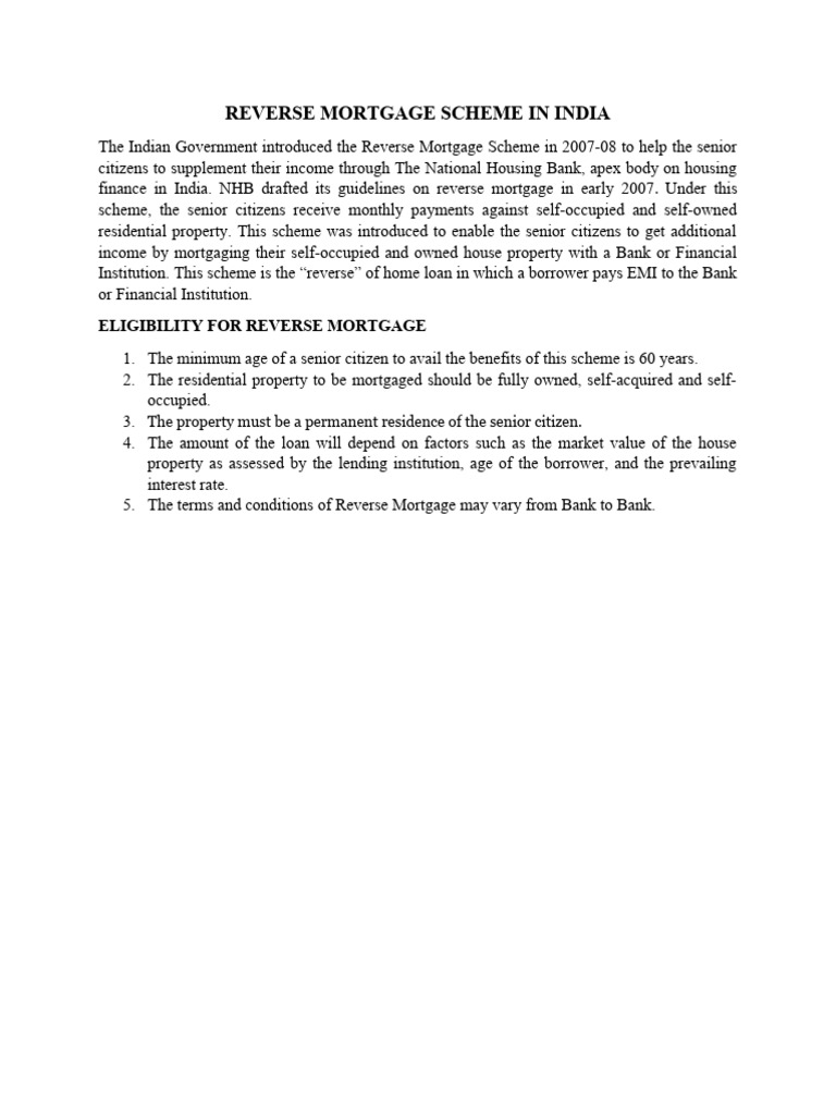 Reverse Mortgage Scheme India Guide | PDF | Finance & Money Management ...