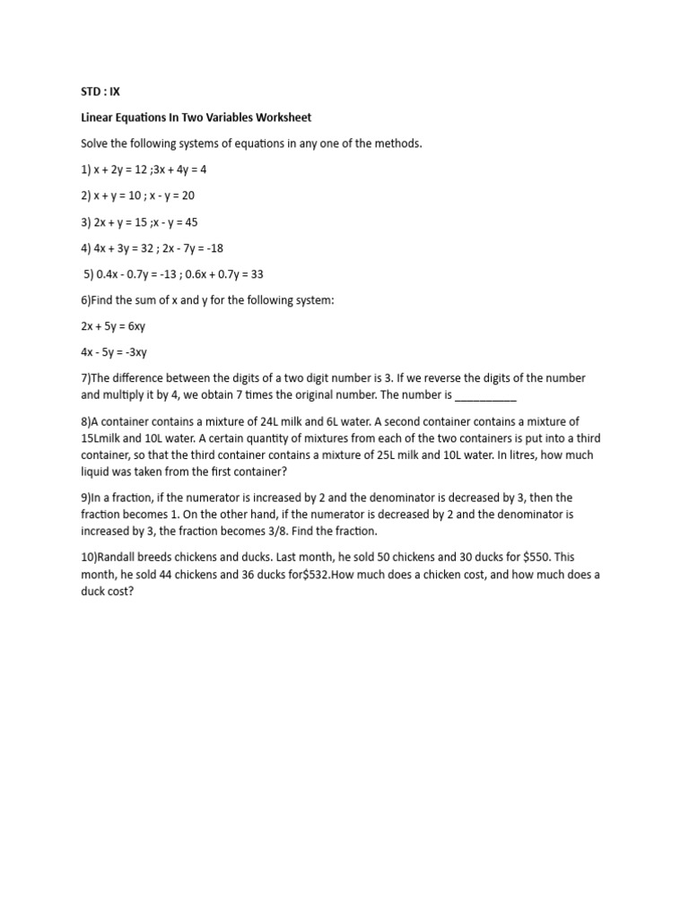 Grade 9 Linear Equations Worksheet | PDF