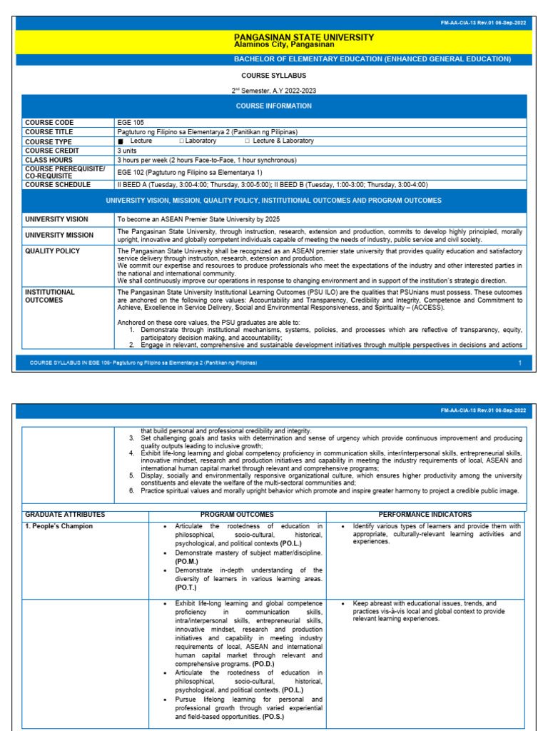 Filipino Teaching Syllabus EGE 106 | PDF | Learning | Lifelong Learning