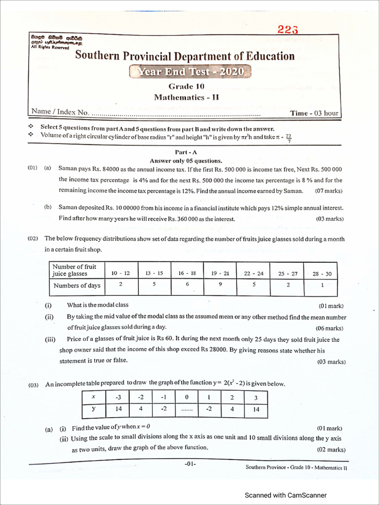 2020 Grade 10 Maths Third Term Paper English Medium Southern Province | PDF
