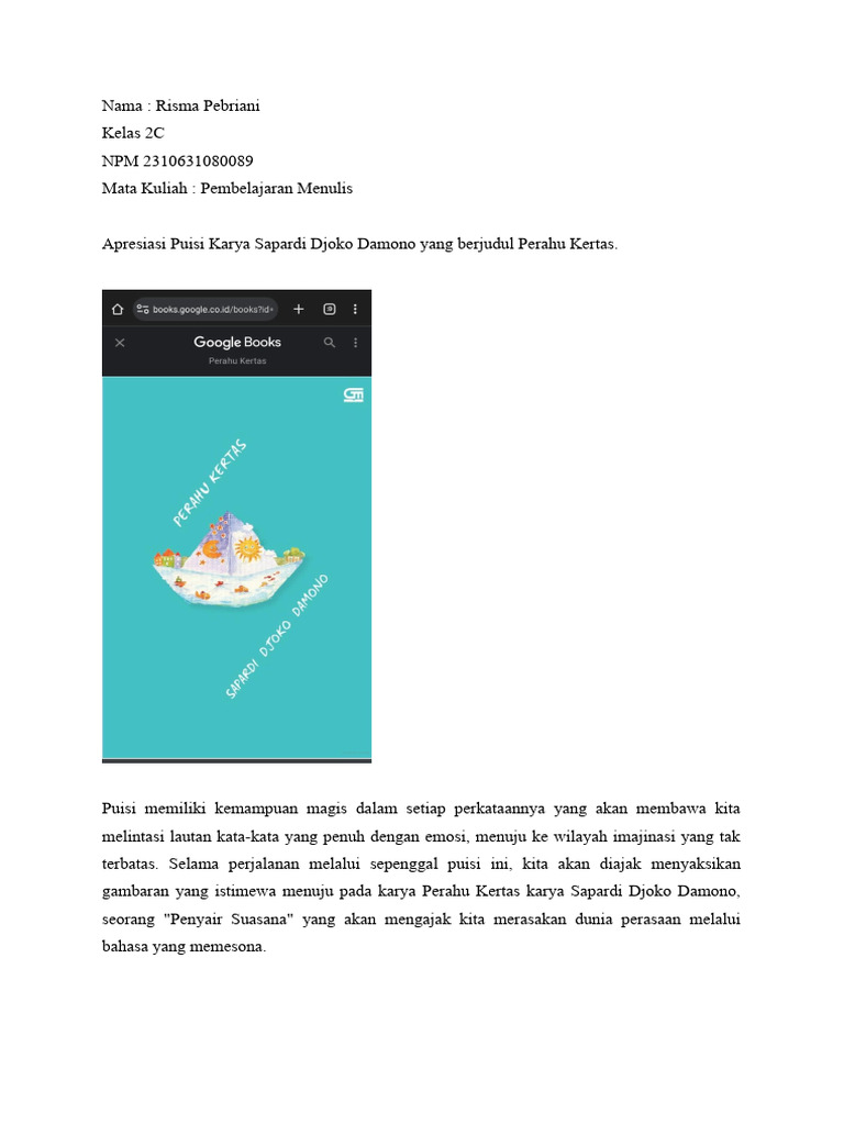 Apresiasi Puisi Perahu Kertas Karya Sapardi Djoko Damono Pdf