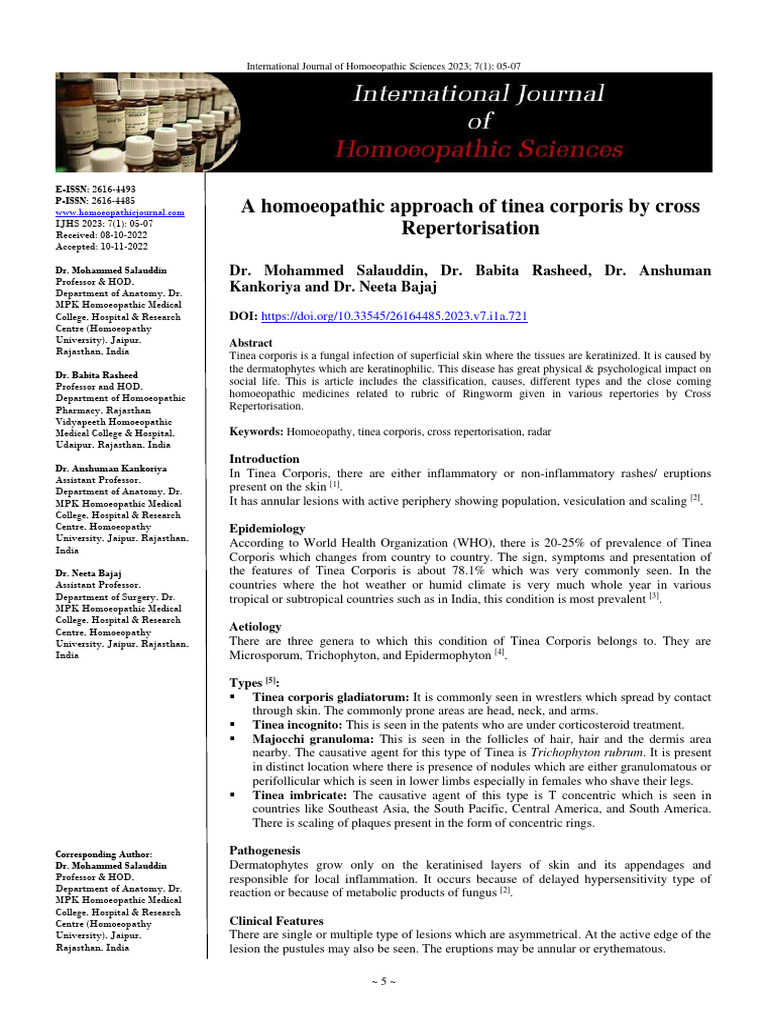A Homoeopathic Approach of Tinea Corporis by Cross Repertorisation ...