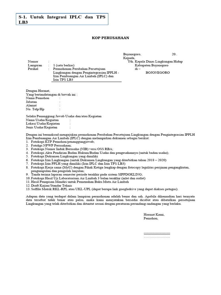 SURAT PERMOHONAN PERUBAHAN PERLING Integrasi IPLC Dan TPS LB3 | PDF